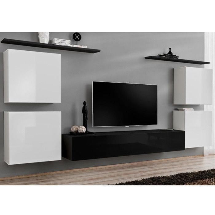Meuble TV Mural Design "Switch IV" 320cm Blanc & Noir - Cdiscount Maison