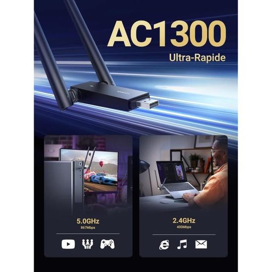 UGREEN Clé WiFi Puissante AC1300Mbps Adaptateur USB WiFi Double Bande 5GHz 2.4G Dongle WiFi ...