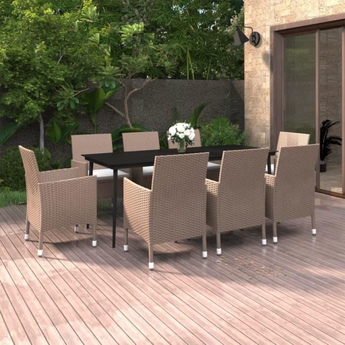 CHN Ensemble à dîner de jardin coussins 9 pcs Résine tressée Verre ...