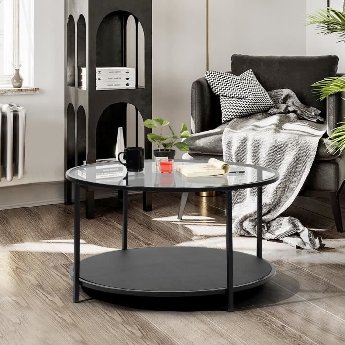 HOMYLIN Table basse ronde double en verre transparent bois noir - 80×80 ...
