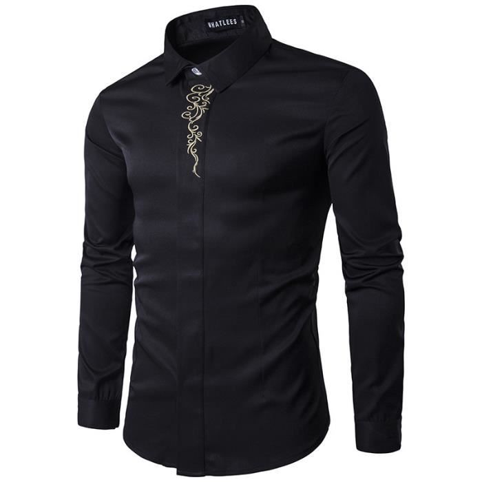 Chemise homme haut de gamme brodée et imprimée - KJEHOME - Manches longues - Noir Noir ...