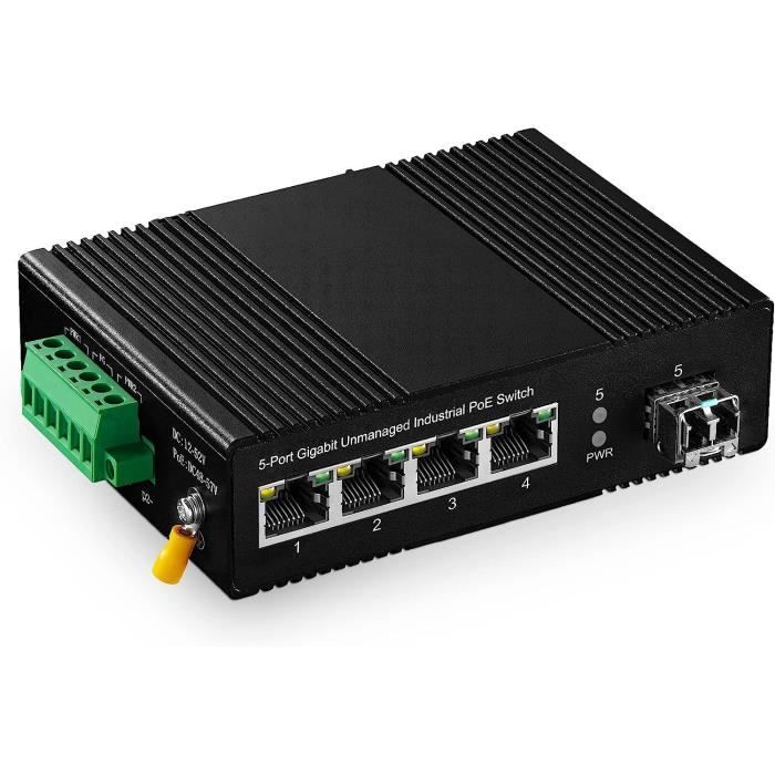 Binardat Switch Ethernet Industriel Gigabit PoE Din Rail 5 Ports, 4 PoE IEEE802.3af-at, 1 Port ...