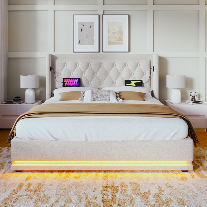 Lit double rembourré 160x200 cm - Coton beige - LED - USB Type-C ...