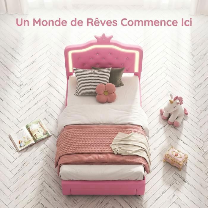 Lit Fille LED 90x200 cm, Forme de Couronne, avec LED et tête de lit ...