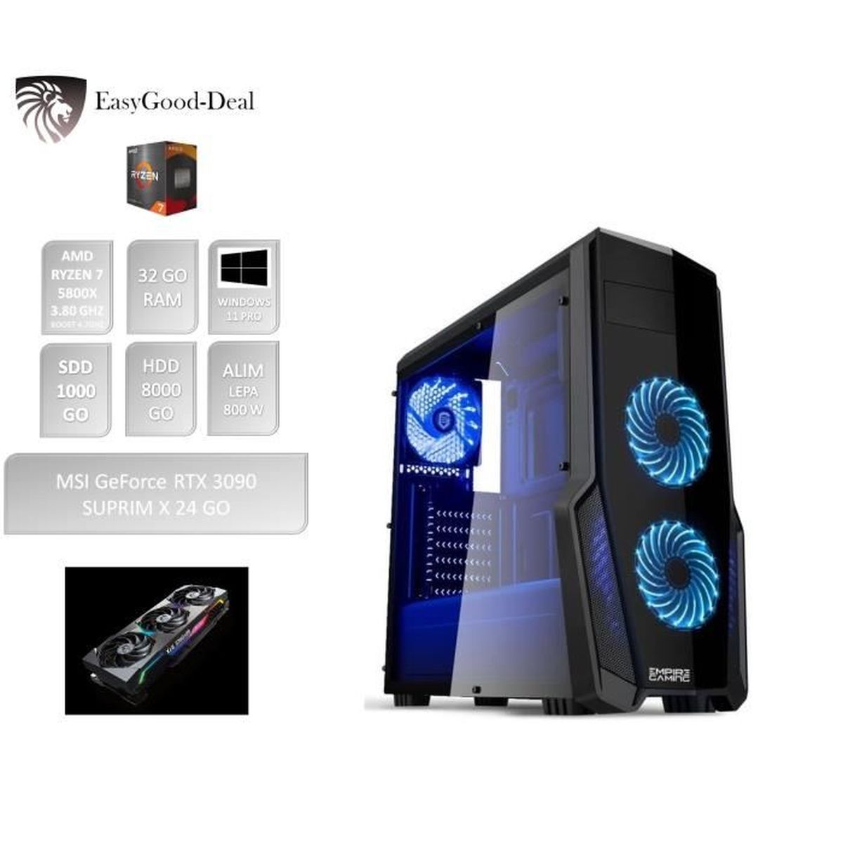 PC TOUR GAMER RYZEN 7 5800X 3.8 GHZ 32 Go RAM 1000 GO SSD + 8000 GO HDD ...