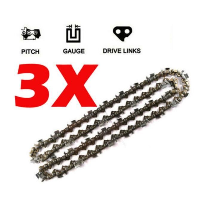 Lot de 3 Chaînes de tronçonneuses à gouges carrées 3/8" 1,3 mm 52 ...