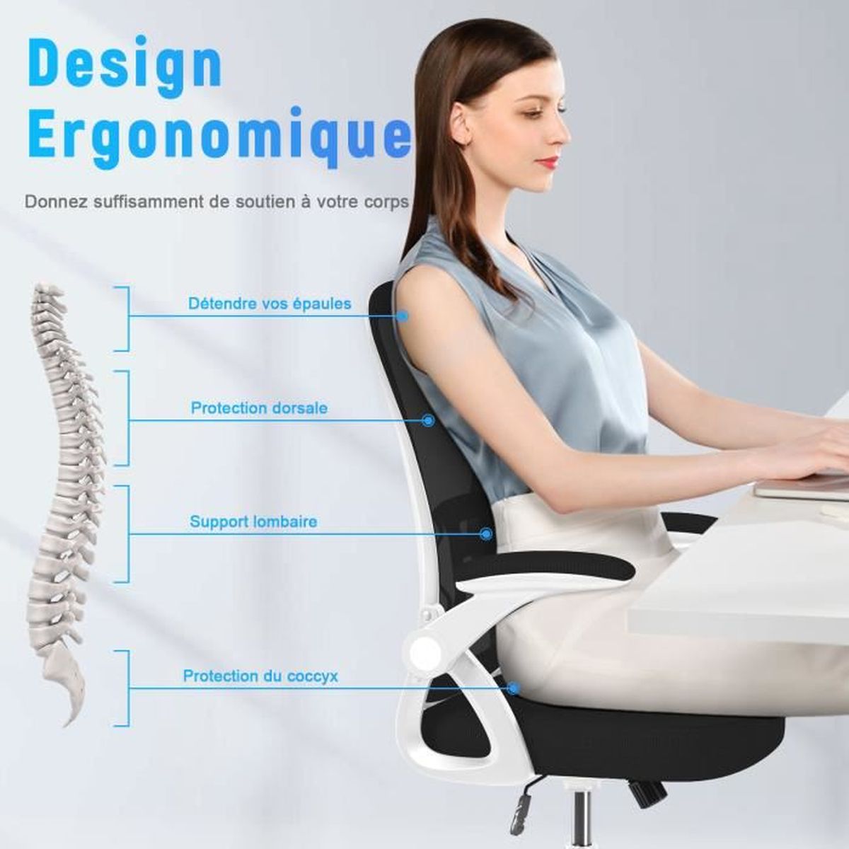 Chaise de bureau ergonomique BIGZZIA, fauteuil de bureau, hauteur ajustable, 50 x 50 x (93-98)cm ...