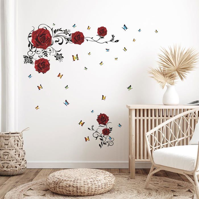 Stickers Muraux Roses Rouge Autocollants Muraux Fleurs de Roses Sticker ...
