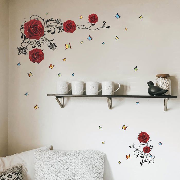 Stickers Muraux Roses Rouge Autocollants Muraux Fleurs de Roses Sticker ...