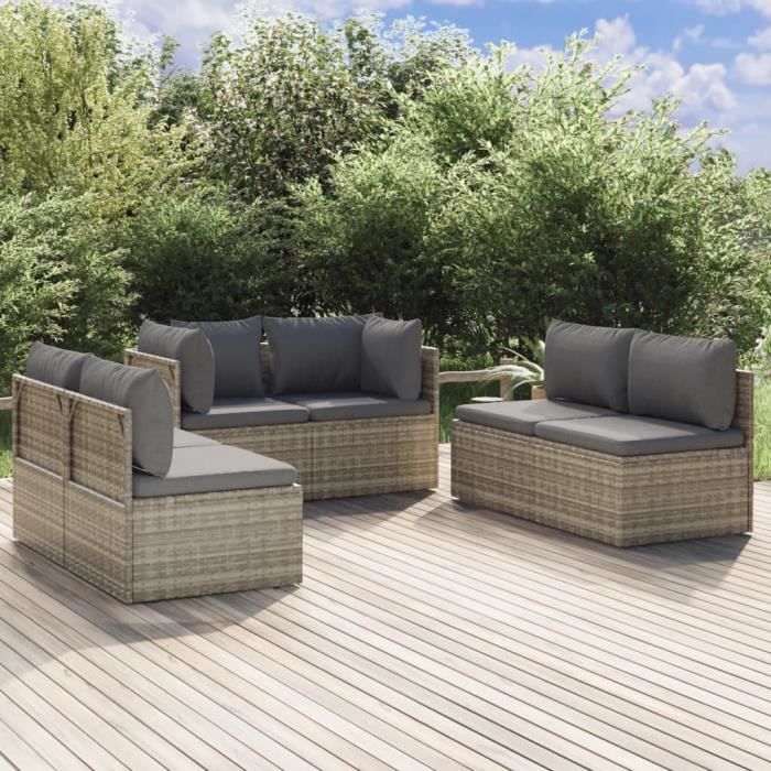 ZHI Salon de jardin 6 pcs avec coussins Gris Résine tressée ... ZHI Salon de jardin 6 pcs avec coussins Gris Résine tressée ...