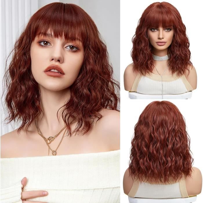 Perruque Courte Ondulée Brun-Rouge Perruque Cheveux Synthétiques Avec ...