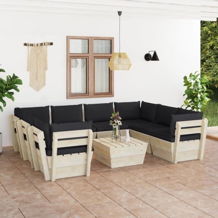 Fdit Salon de jardin palette 9 pcs avec coussins Épicéa ...