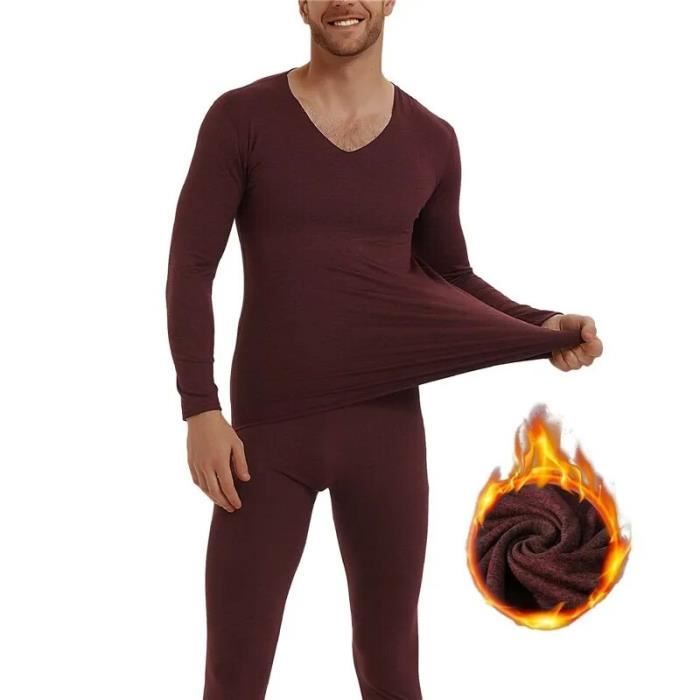 Ensemble de sous-vêtements thermiques pour hommes - Wine Red[C8] - Col en V, mince et épais ...