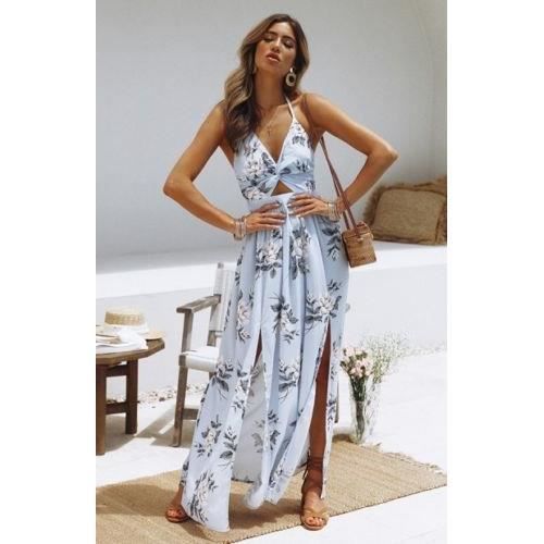 Robe De Plage Longue Style Bohémien Sans Manches Fendue À Fleurs Épaules Dénudées Maxi Vêtements ...
