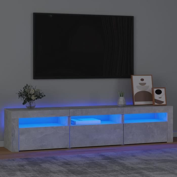 Meuble TV Moderne - Armoire HIfi avec lumières LED - Gris béton 180x35x40 cm 37Kg, FR2023 ...