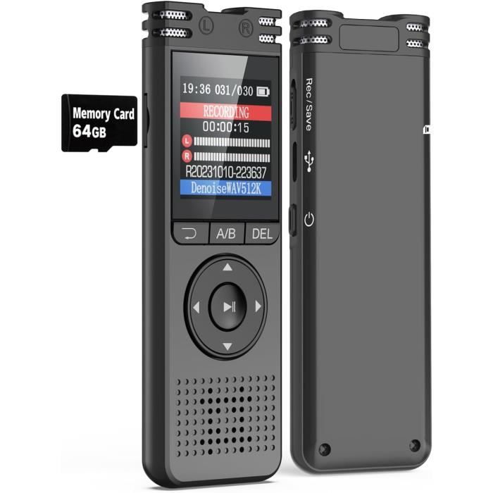 64Go Enregistreur Vocal Numérique avec Activation Vocale, 1536Kbps HD Dictaphone avec Réduction ...