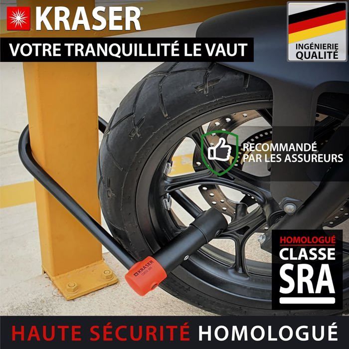 KRASER KR120L Antivol Moto Homologué SRA, U ø18mm Acier Cémenté, Plus ...
