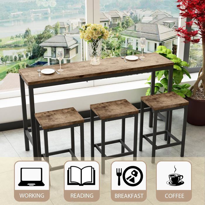 Table Haute avec 3 Tabourets, Ensemble Table de Bar avec 3 chaises de ...