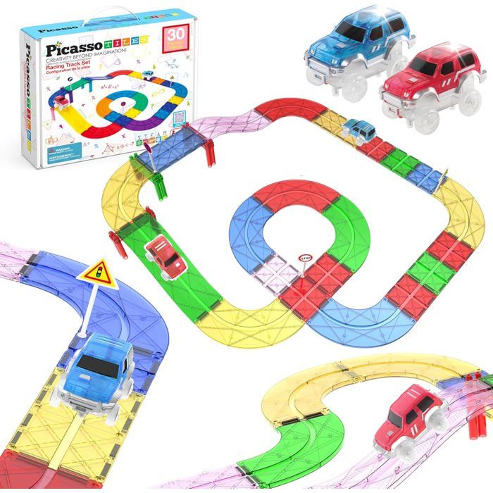 Jeu de Pistes de Course Magnétiques avec 2 Camions, Blocs et Carreaux ...