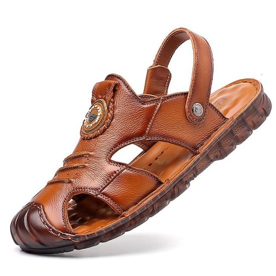 Sandales Homme Cuir Bout fermé Casual Antidérapant Confortable Marron ...