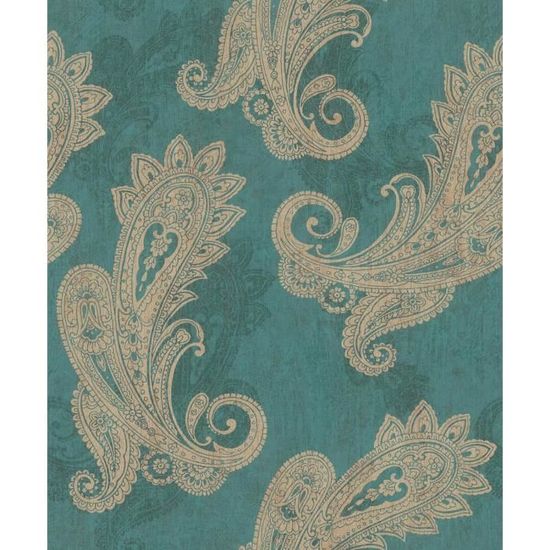 Papier Peint Intissé Bleu Pétrole Doré Métallisé Motif Cachemire Floral ...