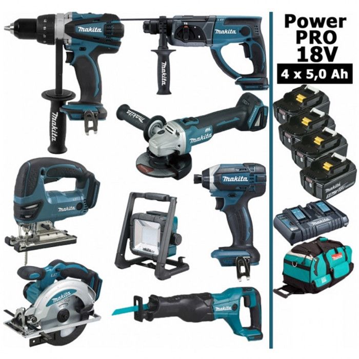 Pack MAKITA Power PRO 8 outils 18V : DDF458 + DHR202 + DGA504 + DTD152 ...