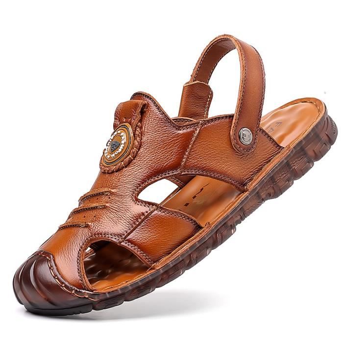 Sandales Homme Cuir Bout fermé Casual Antidérapant Confortable Marron ...