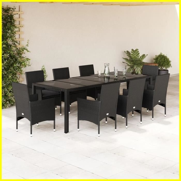 DXBK Ensemble à manger de jardin et coussins 9 pcs noir rotin verre ...