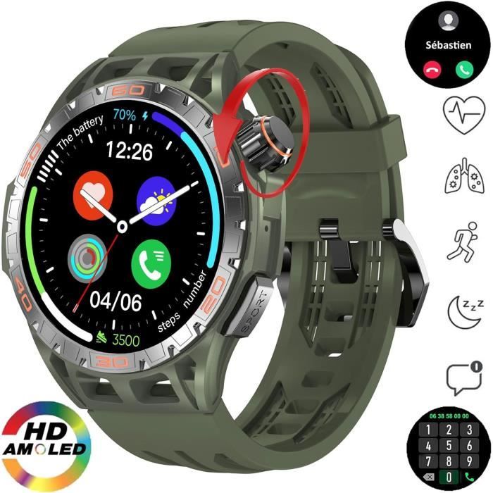Montre Connectée Homme Femme Militaire Écran Amoled Rond 1,43" Appel Bluetooth Couronne Rotative ...