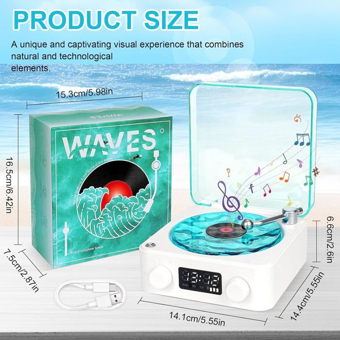 Waves Vinyl Player with Water Wave Lamp, Portable Bluetooth Vinyl ...