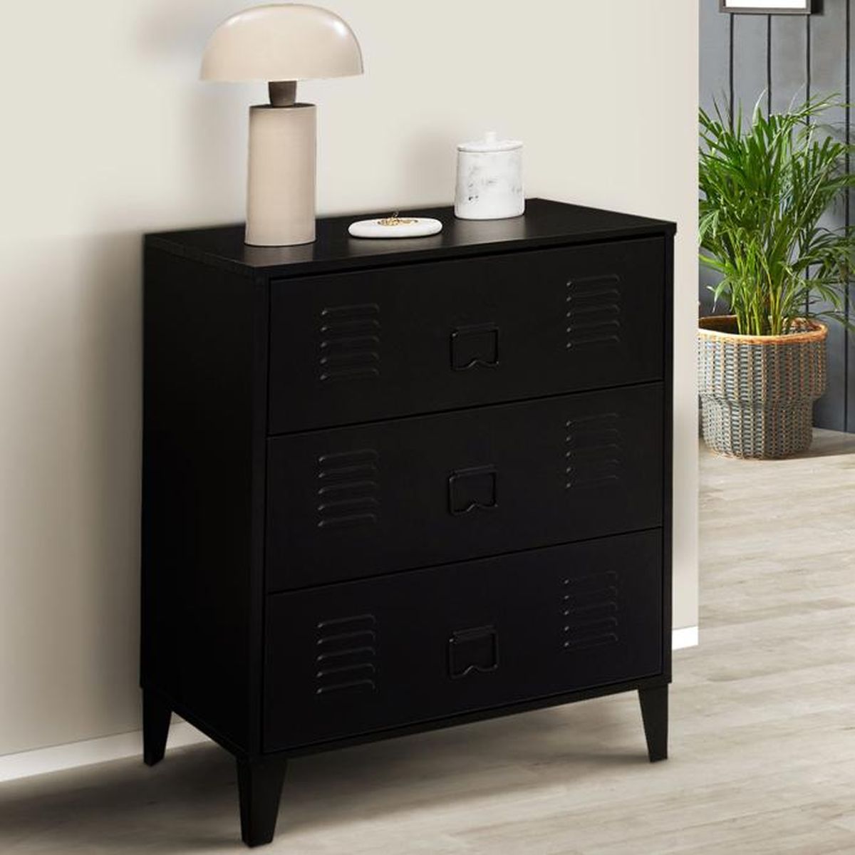 IDMARKET Commode ESTER 3 tiroirs métal noir design industriel ...