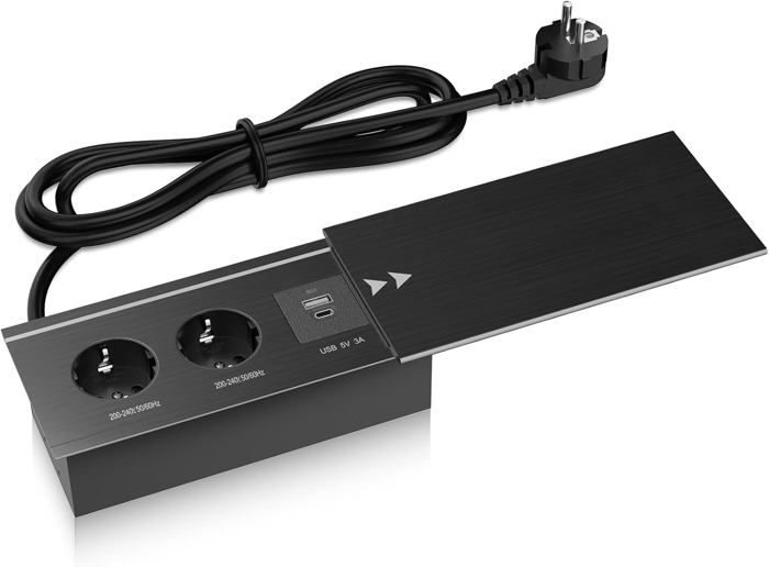 Multiprise en Aluminium 2 Prises avec USB C, Prise Escamotable 2 Prises ...