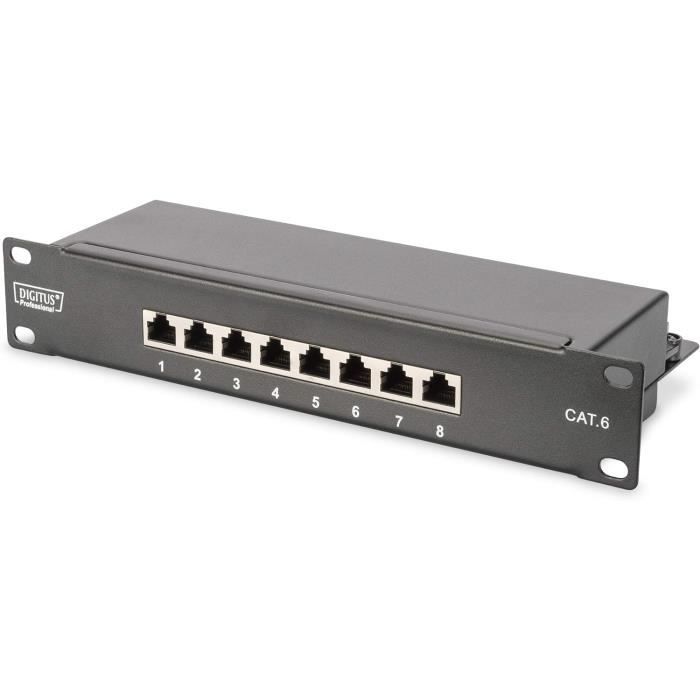 Panneau de Brassage Cat. 6 - DIGITUS - Montage en Rack 10 Pouces 1U - 8 Ports RJ45 - Blindé Noir ...