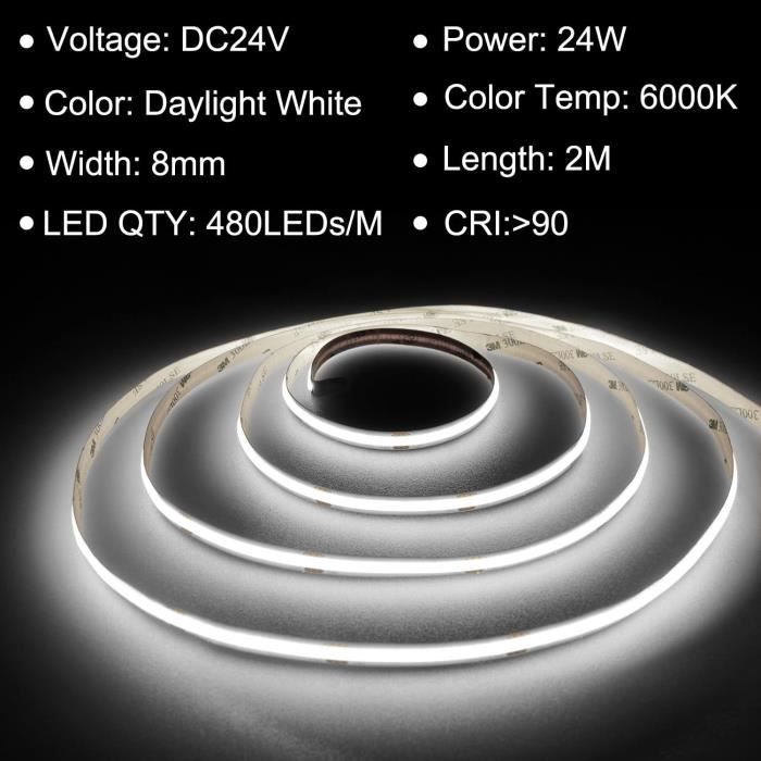 Ruban Led Cob 2M, Bandeau Led 6000K Avec Alimentation Et Télécommande, Dc24V, 480Leds-M, Cri 90 ...