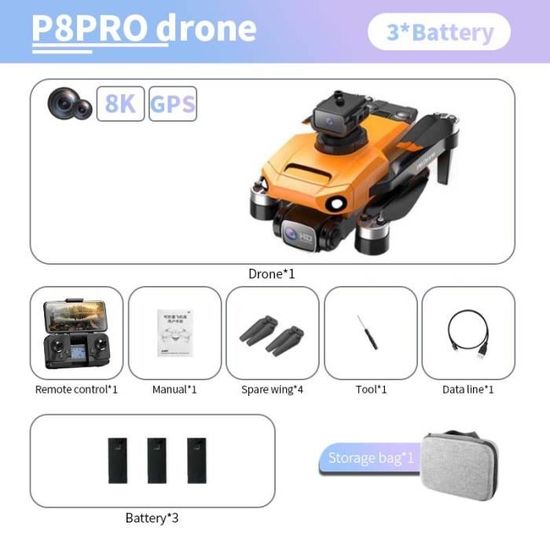 Orange-GPS-8K-3B-KBDFA 2023 p8 pro drone 8k hd double caméra wifi fpv ...