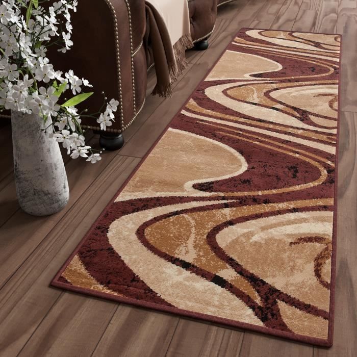 TAPISO Dream Tapis de Passage Moderne Abstrait Vagues Marron Beige Fin ...
