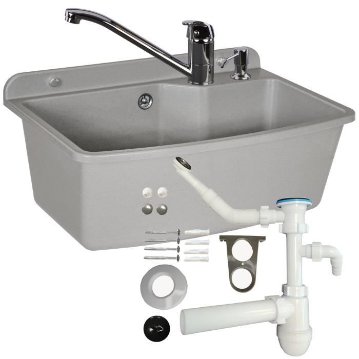 Lavabo plastique gris 61,5 cm avec siphonne tirette et vidange, robinet ...
