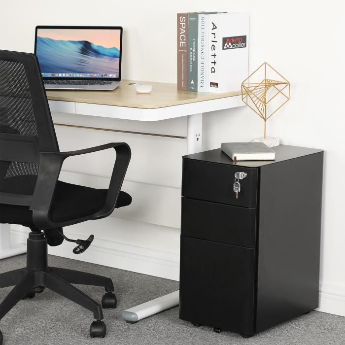 Caisson de Bureau Mobile en Acier DWVO avec 3 Tiroirs et Serrure Noir ...