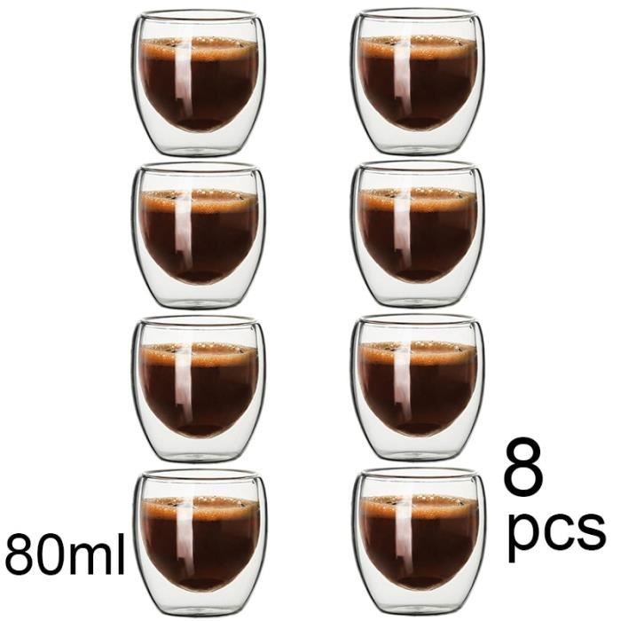 SERVICE A CAFE,80ml x 8--Tasse En Verre À Double Paroi Isotherme 80 Ml, Transparente, Résistante ...