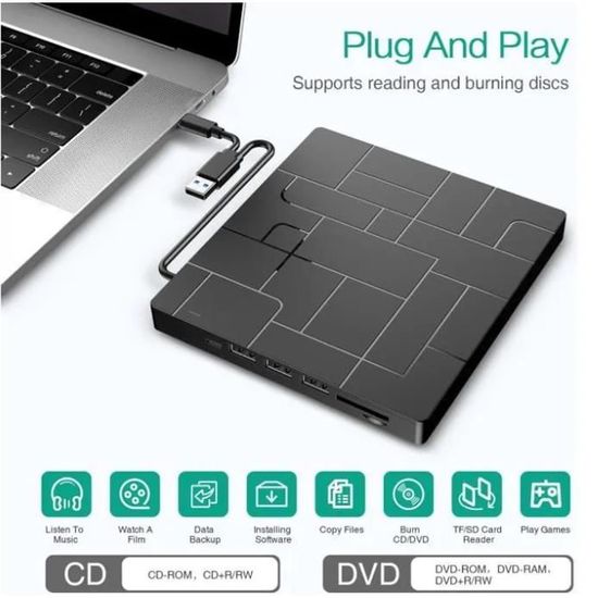 Lecteur CD DVD Externe USB 3.0 &Type-C, Graveur CD DVD Externe CD/DVD ...