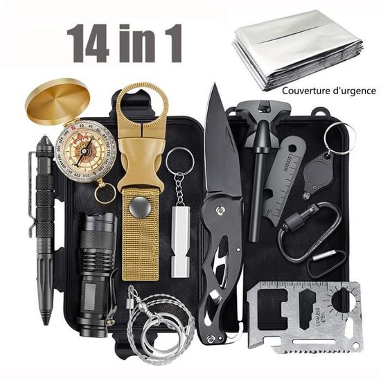14 en 1 Kits de survie en plein air Outils de camping tactiques militaires EDC Emergency Gear ...