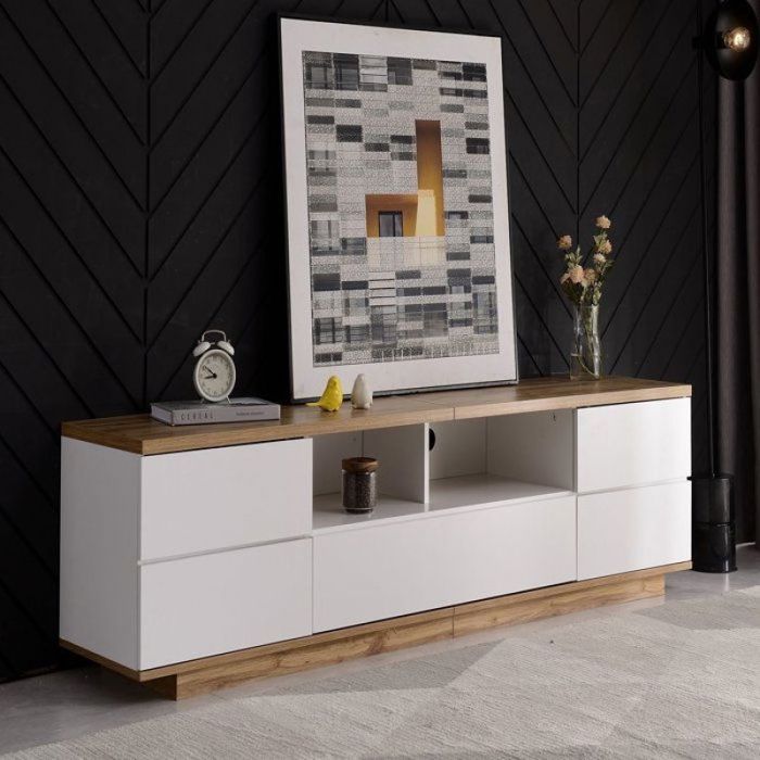 Meuble TV Salon 180 cm Blanc Grain de Bois, Design Quadrillé 5 Portes ...