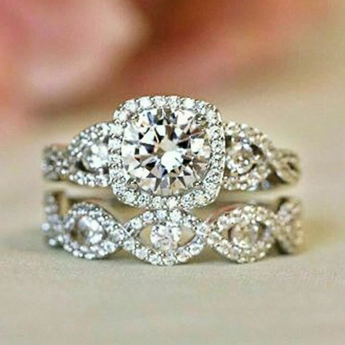 Bague Pavee De Zircon Cubique Pour Femme - 2 Pieces Ensemble Couleur ...