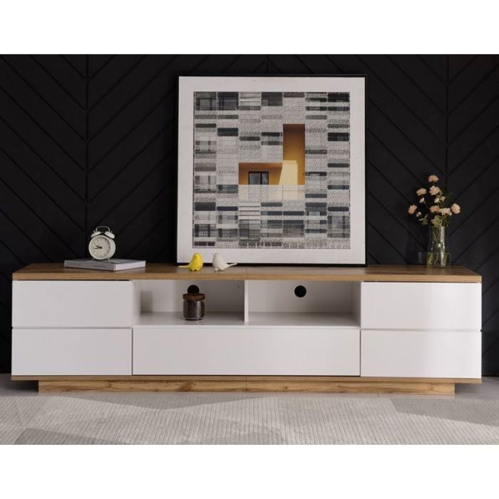 Meuble TV Salon 180 cm Blanc Grain de Bois, Design Quadrillé 5 Portes ...
