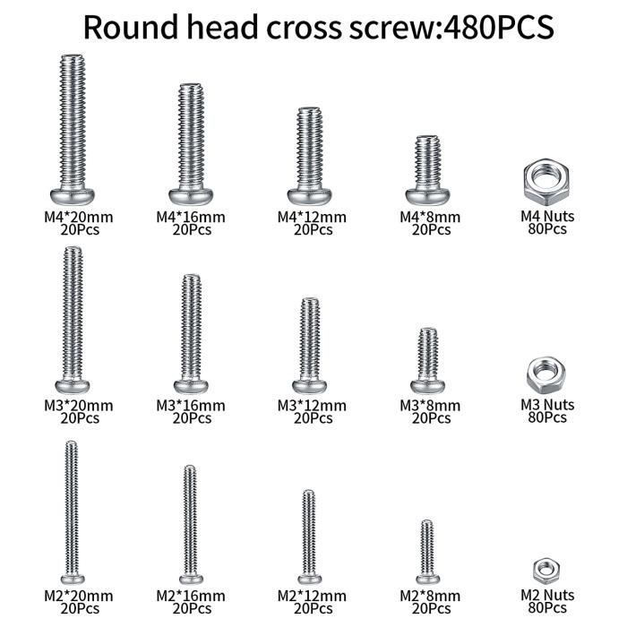 480 Pièces Ensemble d'écrous et Boulons, M2-M3-M4 Jeu de Vis et écrous à Tête Ronde Acier Inox ...