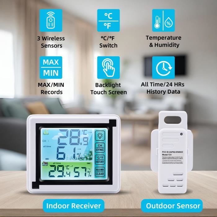 Station météo sans fil avec 3 capteurs extérieurs et écran tactile couleur - Cdiscount TV Son Photo