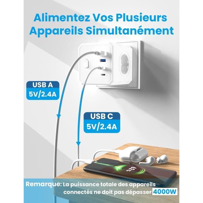 8 en 1 Multiprise USB Cube sans Fil 4000W 16A 4 Prises AC 2 USB 2 Type ...
