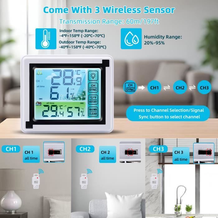 Station météo sans fil avec 3 capteurs extérieurs et écran tactile couleur - Cdiscount TV Son Photo