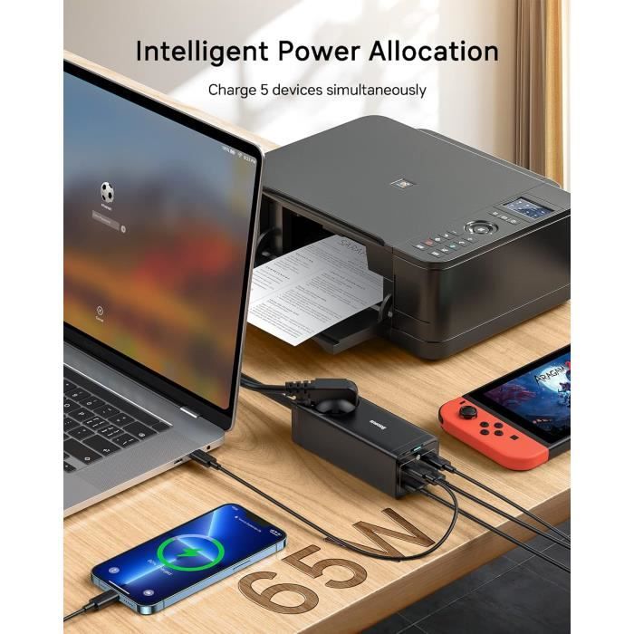 65W Chargeur Usb C Rapide, Gan Iii Prise Multiple Avec Double Usb C+2 ...