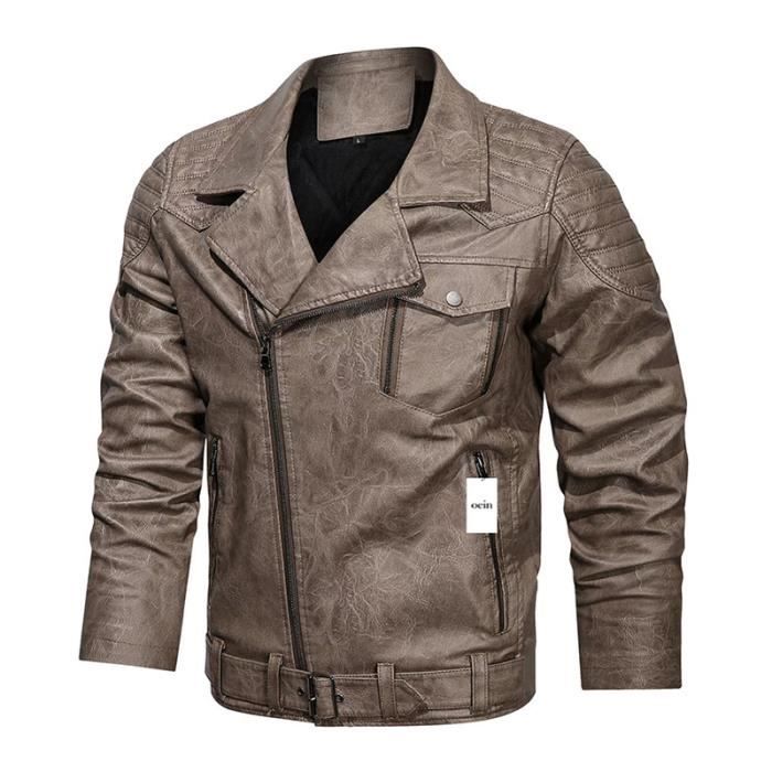 Veste Homme en Cuir Hiver Chaud Classique Col Revers Veste en Cuir Moto ...